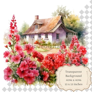 Watercolor Cottage Covered by Red Flowers Clipart, Cottage PNG Files ...