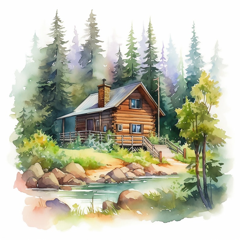 Forest Cabin Art Forest House Cabin in Woods Houses - Etsy