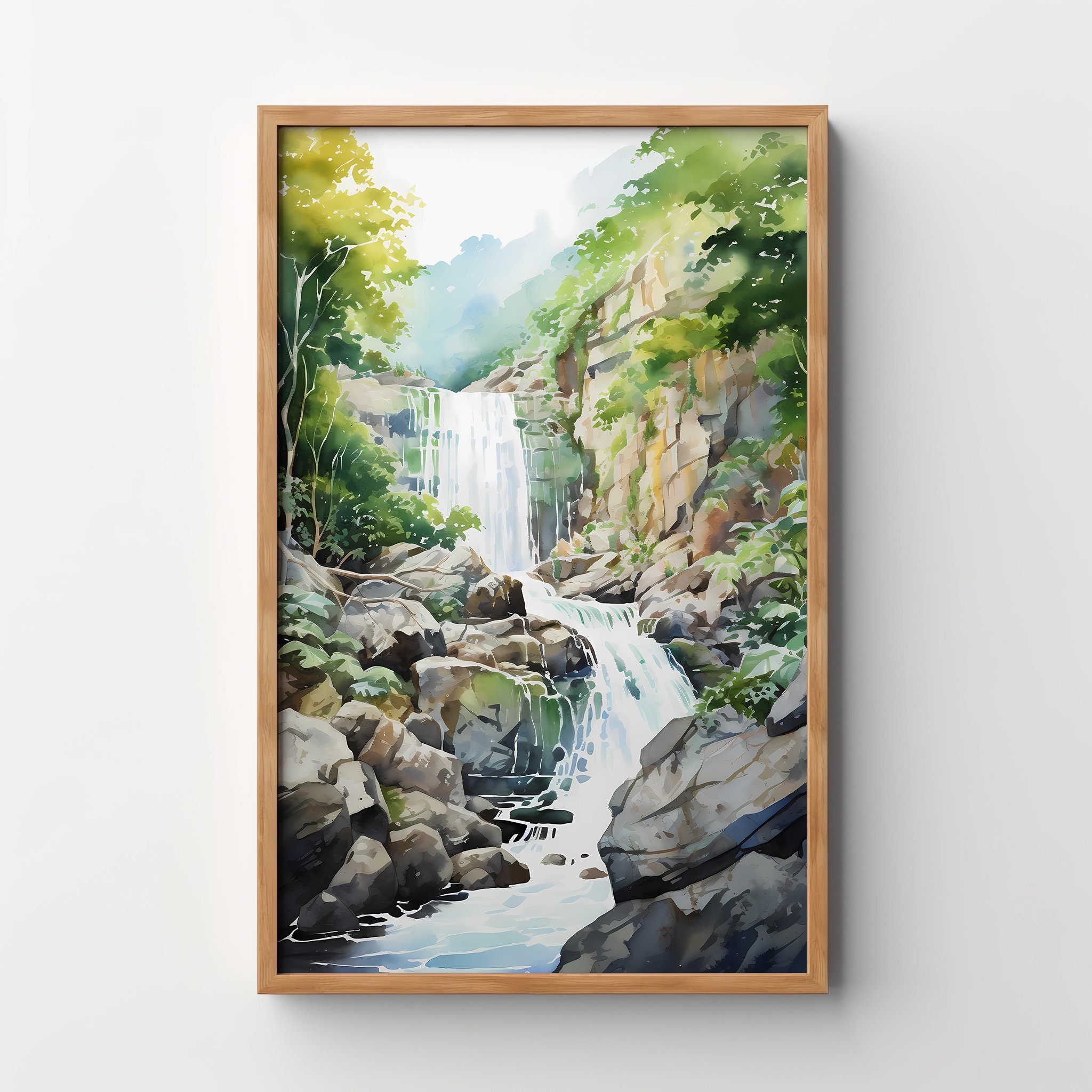 Watercolor Waterfall Landscape, Printable Wall Art, Digital Download ...