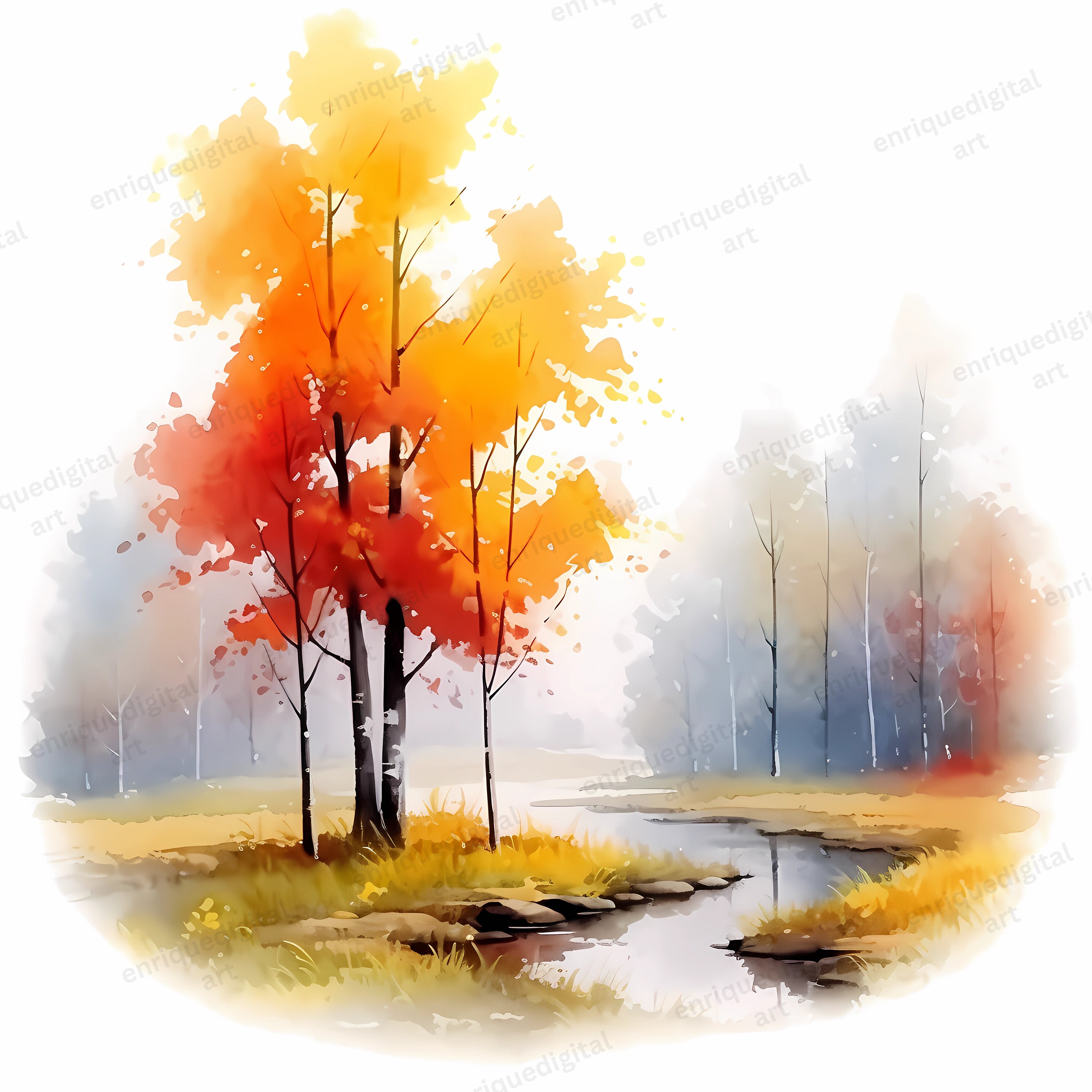 Watercolor Autumn Tree Clipart Landscape Art Printable Wall - Etsy