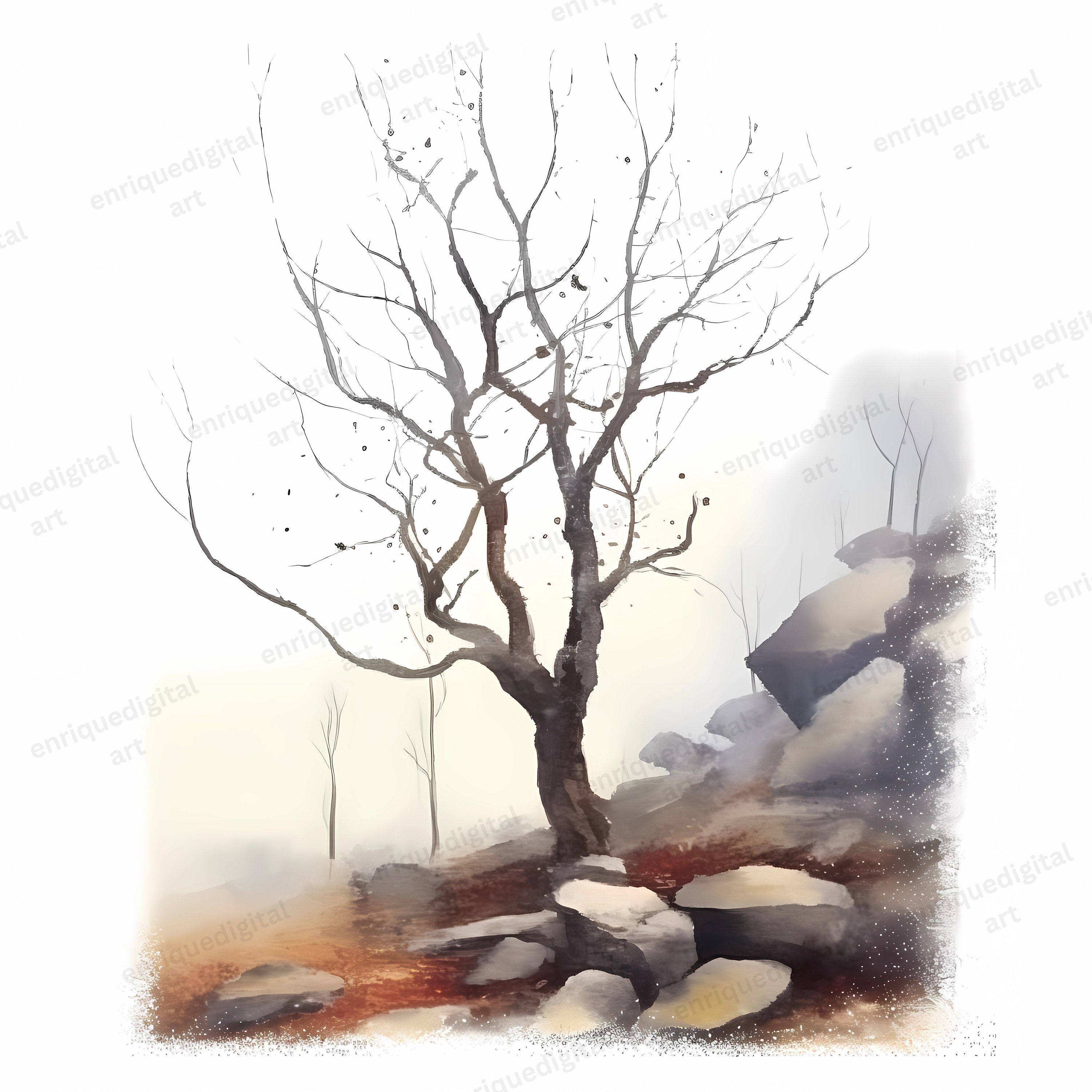 Watercolor Misty Tree Clipart Landscape Art Printable Wall - Etsy