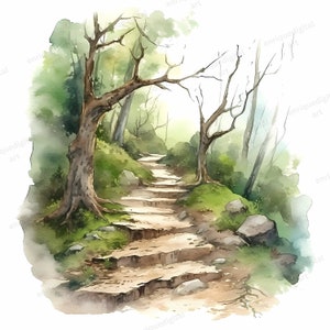 Watercolor Mountain Forest Path Clipart, Watercolor Landscape, Hiking ...
