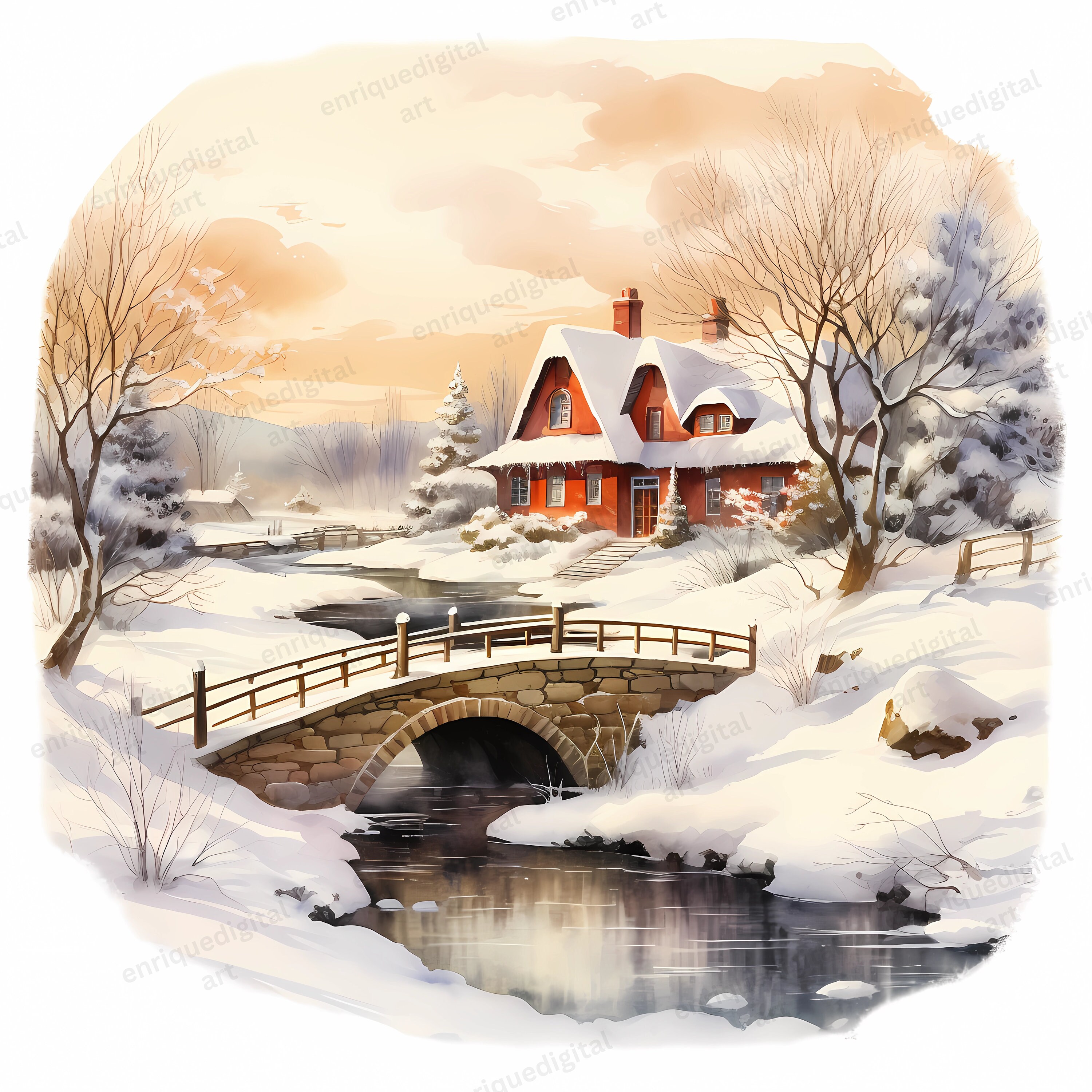 Watercolor Countryside Clipart, Winter Landscape , PNG Format, Digital ...
