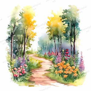 Watercolor Forest Path Clipart, Lanscape Clipart, Wildflowers Clipart ...