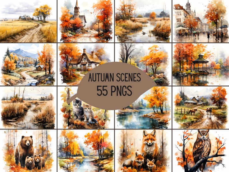 Watercolor Autumn Landscape Clipart Autumn Nature Scene - Etsy