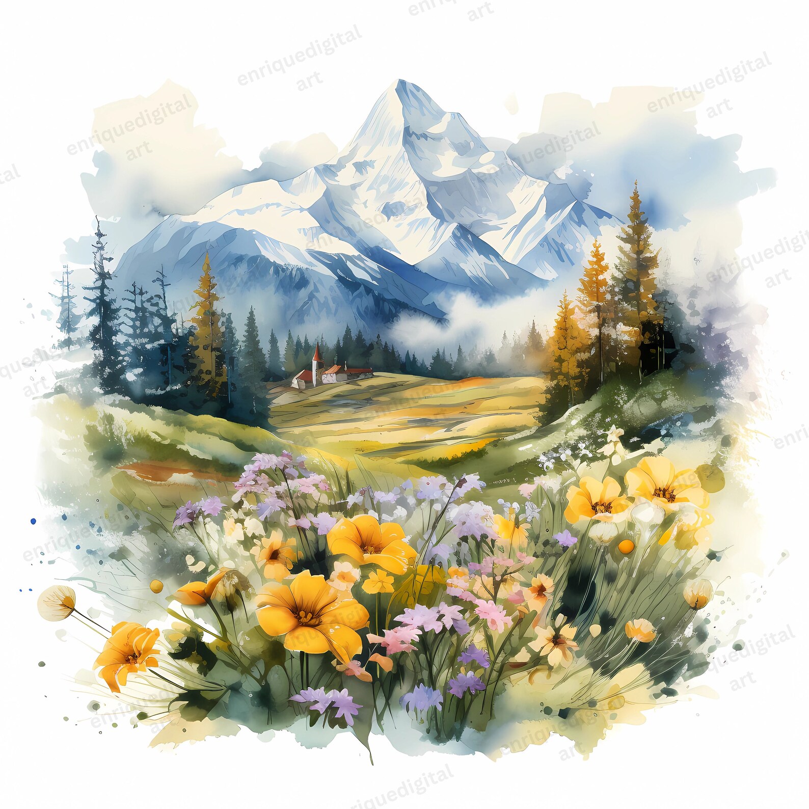 Watercolor Mountain Clipart Yellow Wildflower Nature Scene - Etsy
