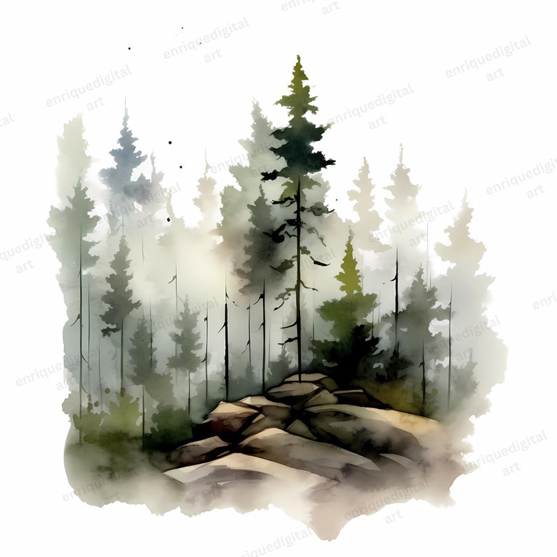 Watercolor Misty Forest Clipart Landscape Art Printable Wall - Etsy