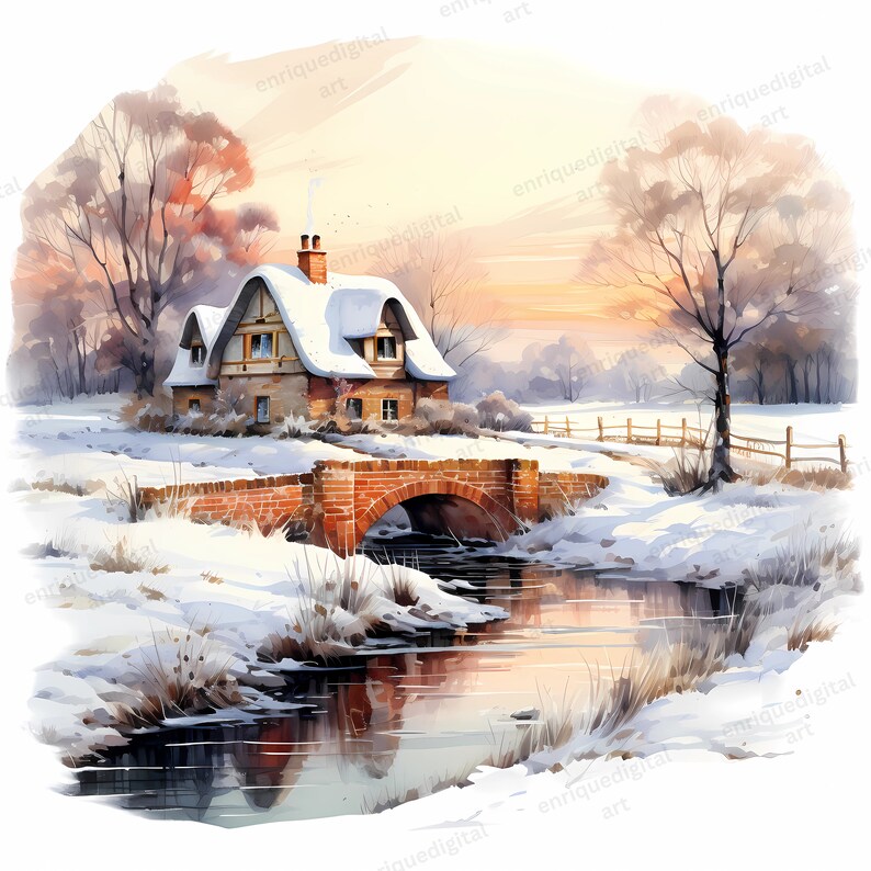 Watercolor Countryside Clipart, Winter Landscape , PNG Format, Digital ...