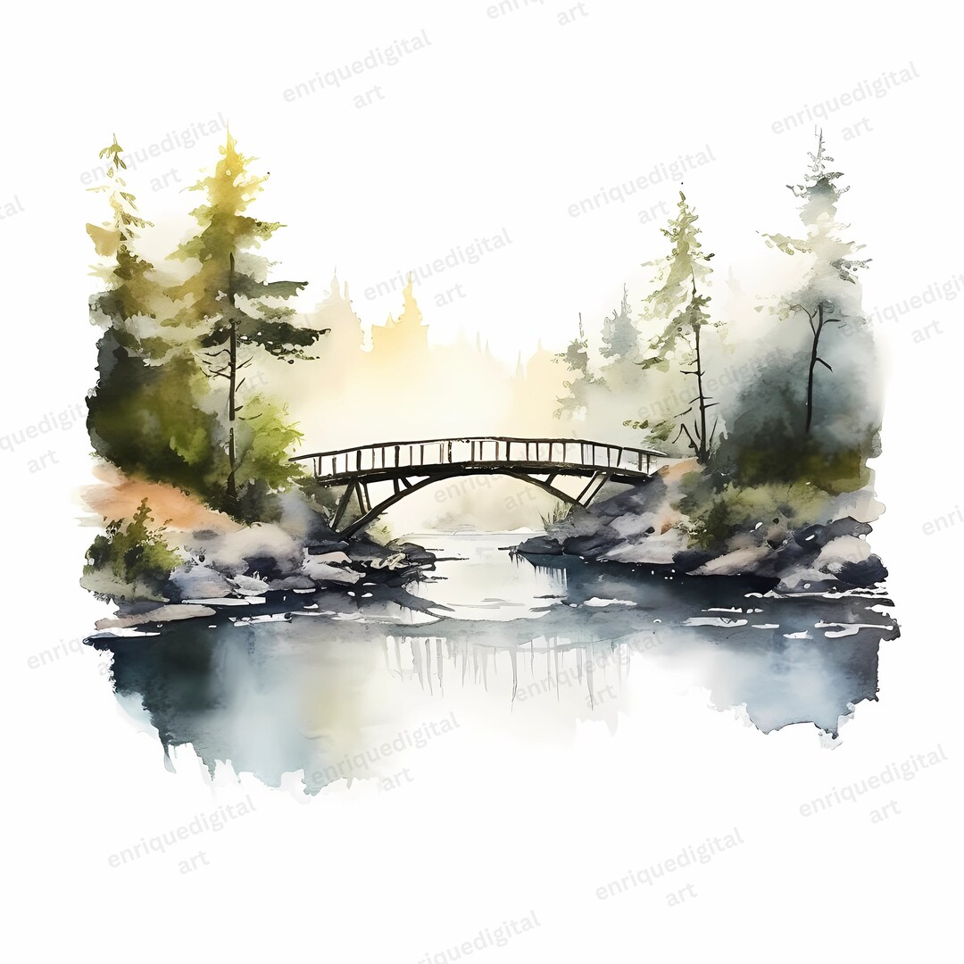 Watercolor Forest Bridge Clipart, Landscape Art, Printable Wall Art ...