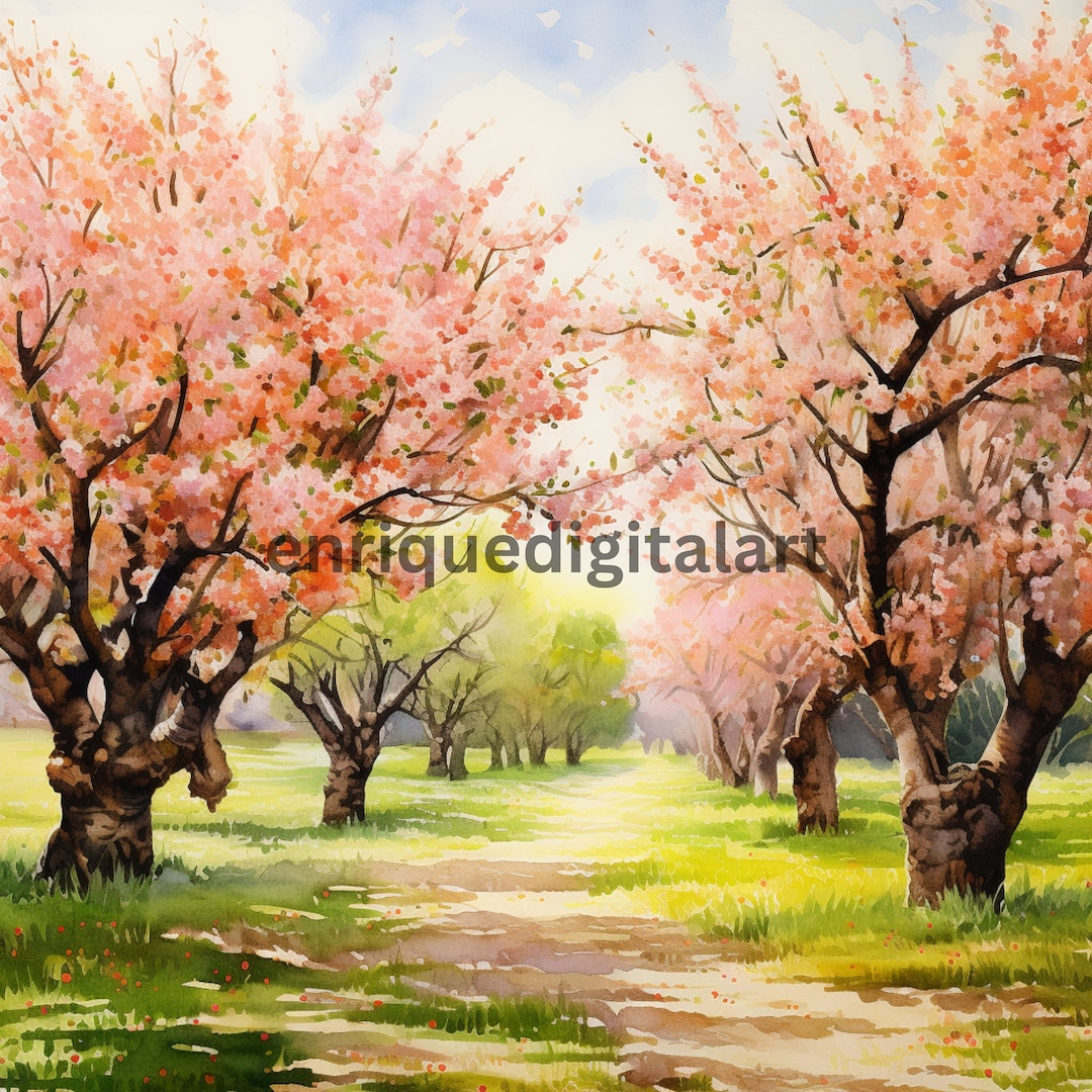 Watercolor Spring Landscape Clipart, Blossom Spring Nature Scene ...