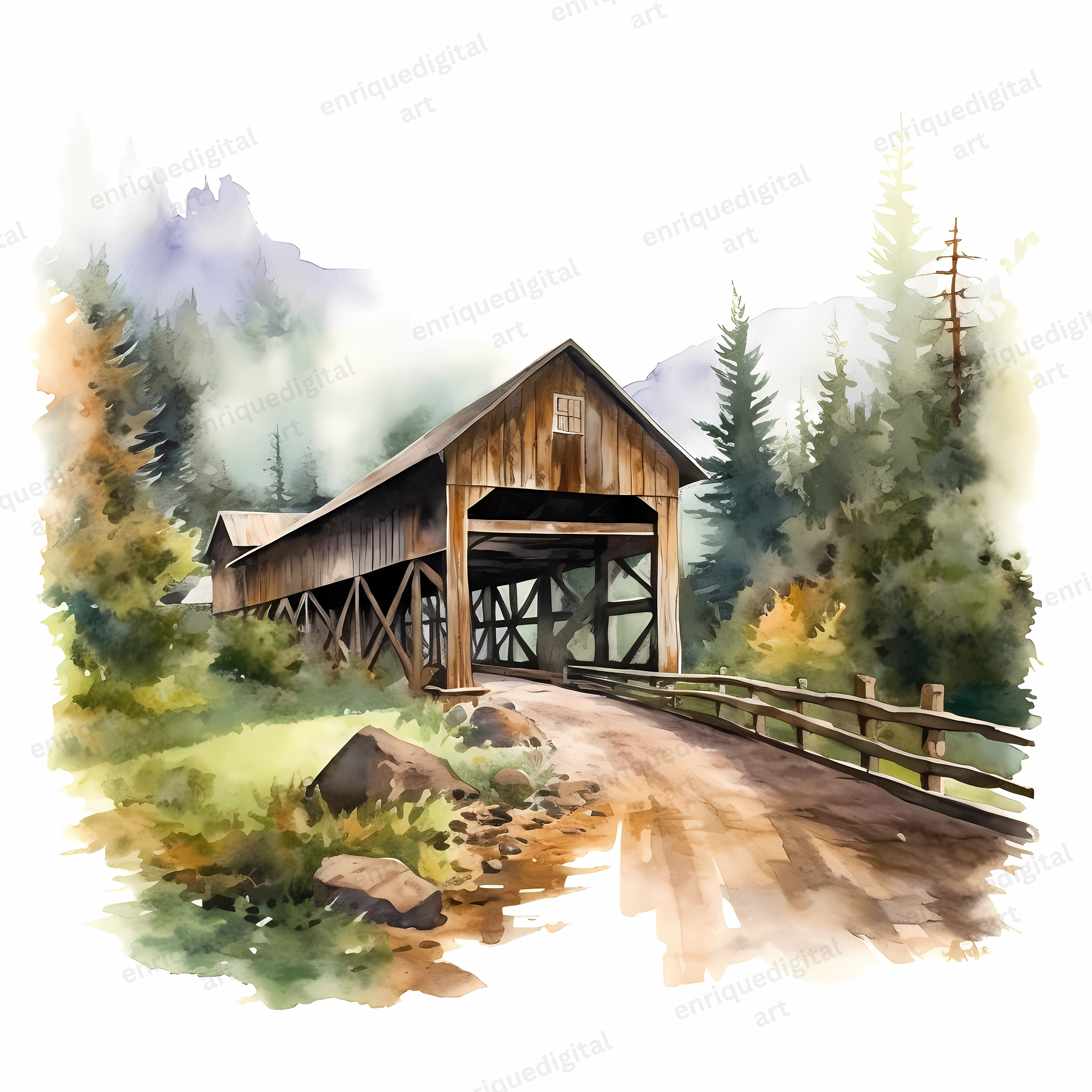 Watercolor Covered Bridge Clipart Bridge Landscape Printable - Etsy