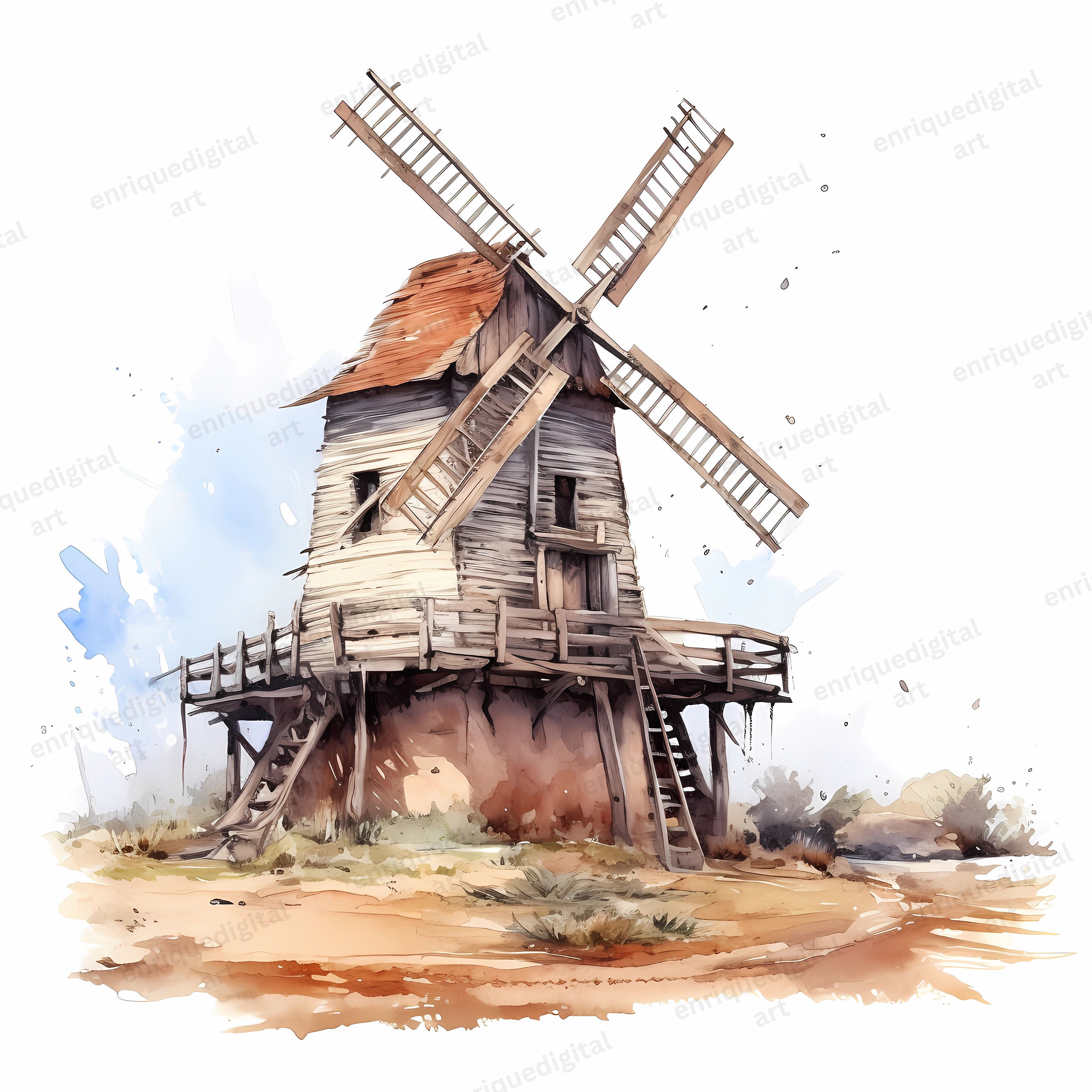 Watercolor Windmill Clipart, Landscape, Nature Scene, Digital Download ...