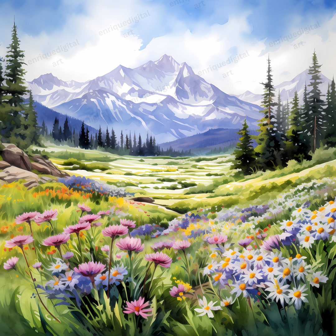 Watercolor Meadows Clipart, Mountains Landscape, Mountains PNG, Card ...