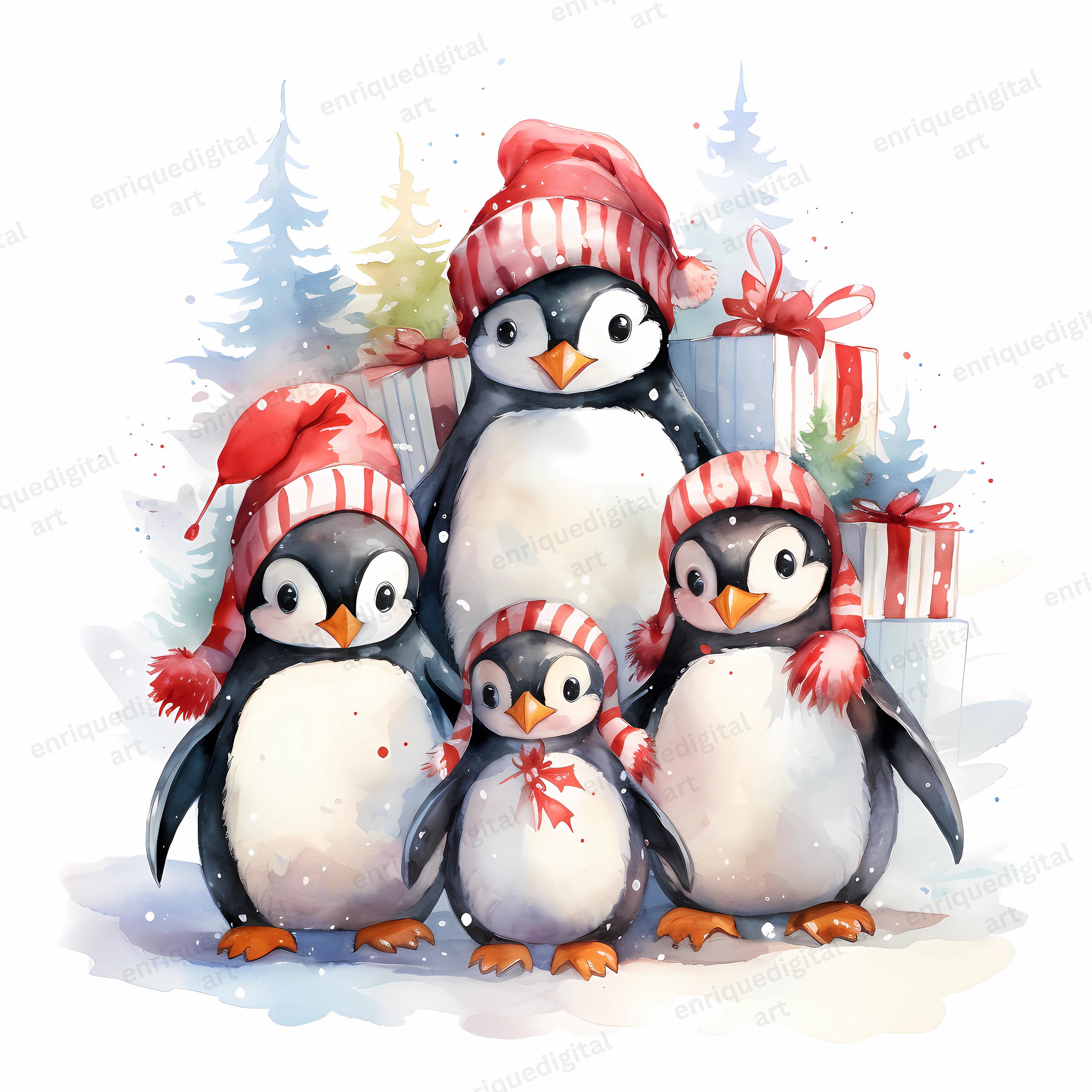 Watercolor Winter Christmas Penguins Clipart Digital - Etsy
