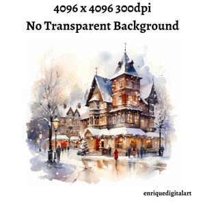 Watercolor Printable Christmas Village Square Clipart, Digital Download ...