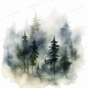Watercolor Misty Forest Clipart, Landscape Art, Printable Wall Art ...