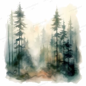 Watercolor Misty Forest Clipart, Landscape Clipart, Hiking, Nature ...