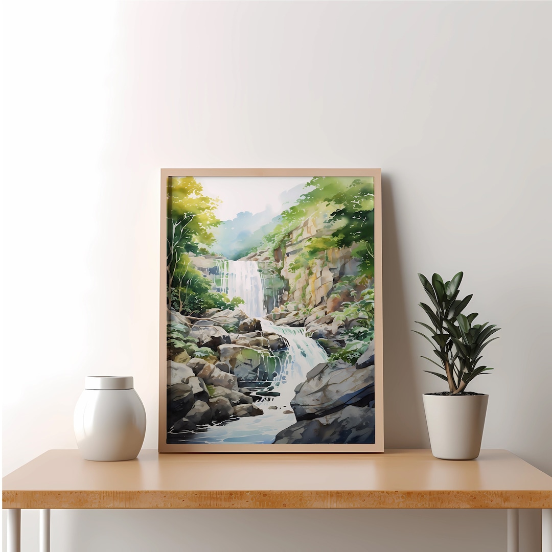 Watercolor Waterfall Landscape, Printable Wall Art, Digital Download ...