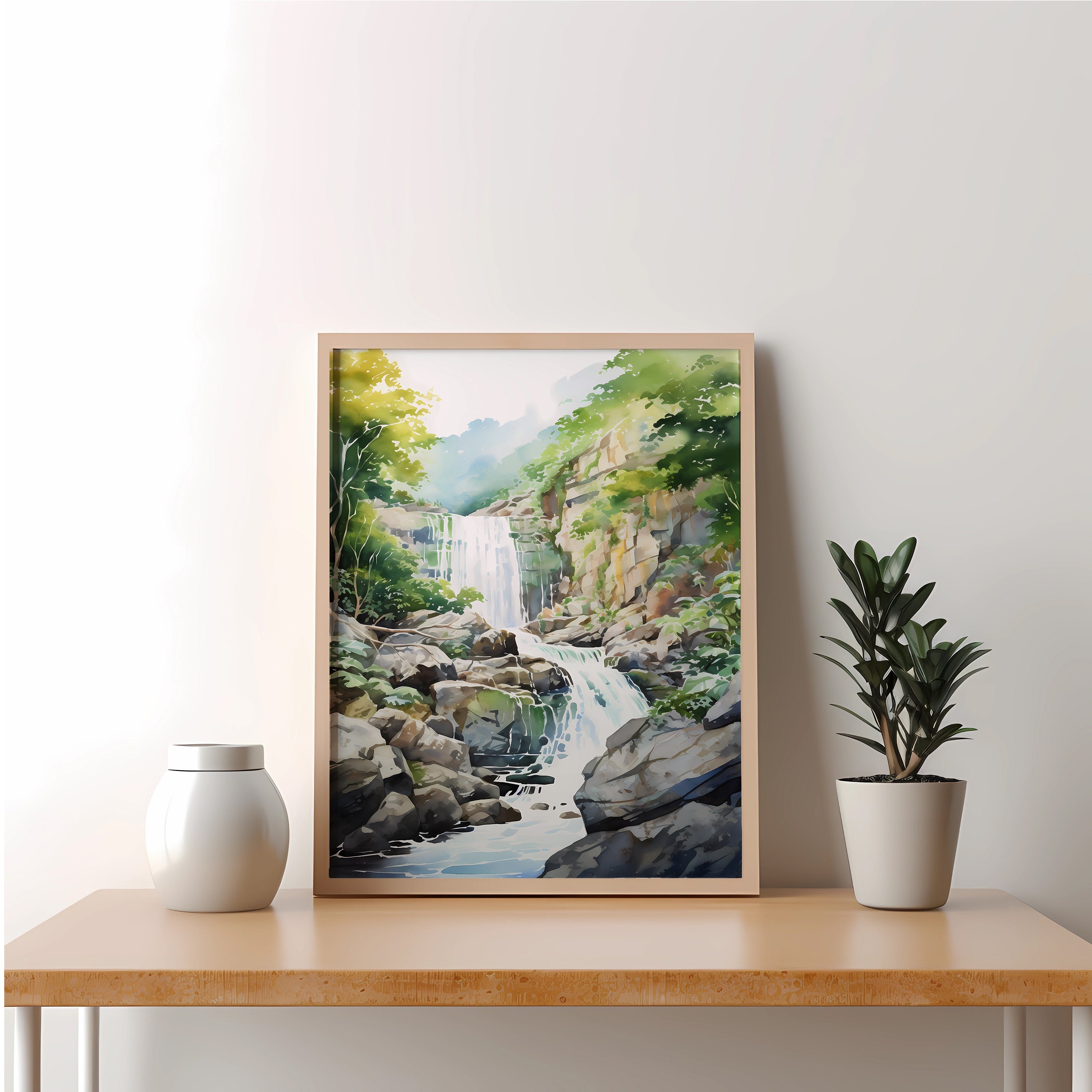 Watercolor Waterfall Landscape, Printable Wall Art, Digital Download ...