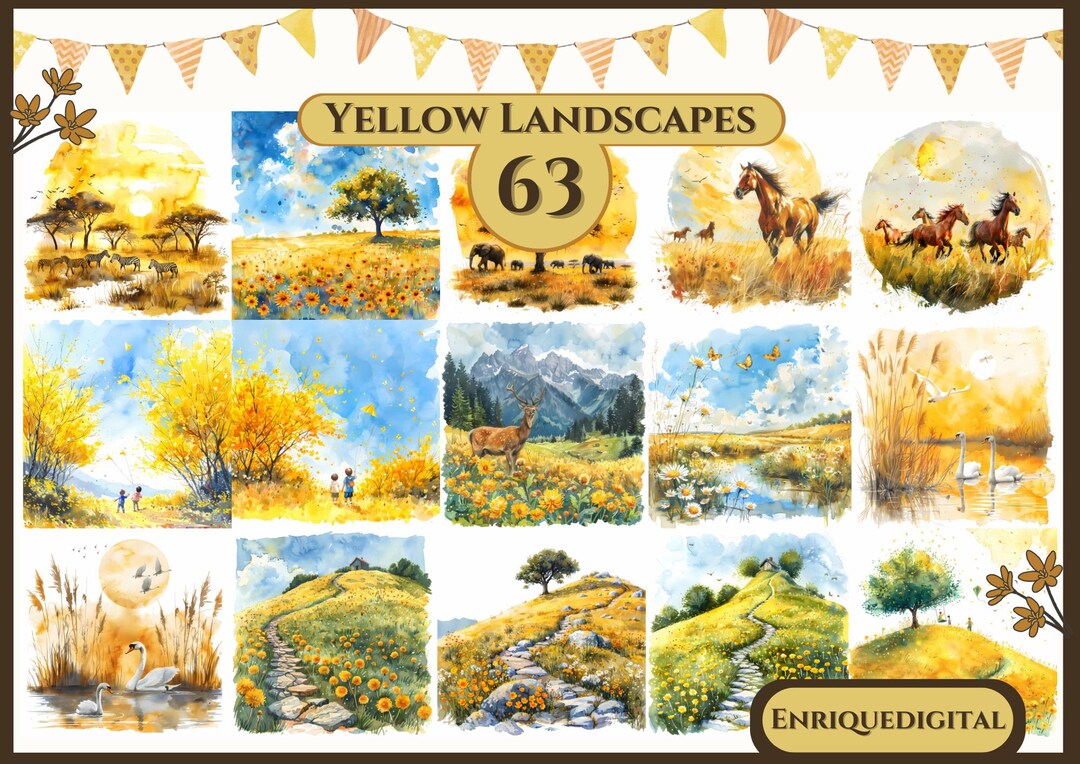 Watercolor Yellow Landscapes Clipart, Summer Nature Scene, Digital ...