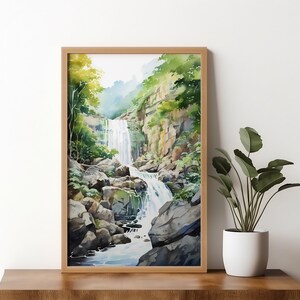 Watercolor Waterfall Landscape, Printable Wall Art, Digital Download ...