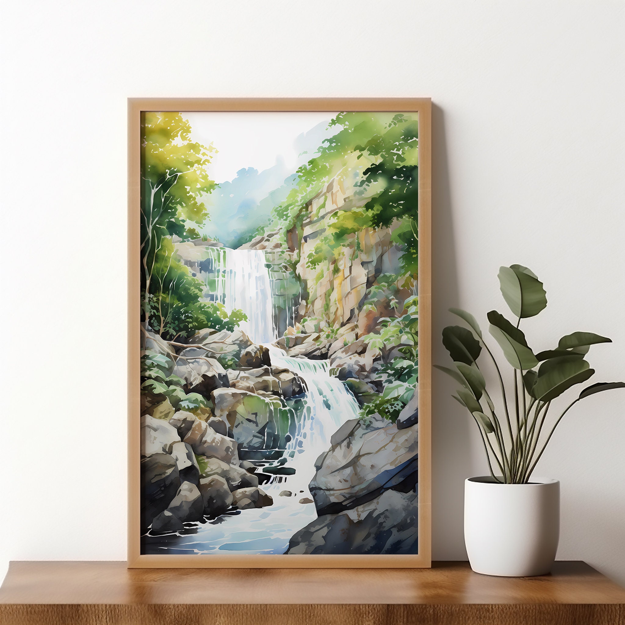 Watercolor Waterfall Landscape, Printable Wall Art, Digital Download ...