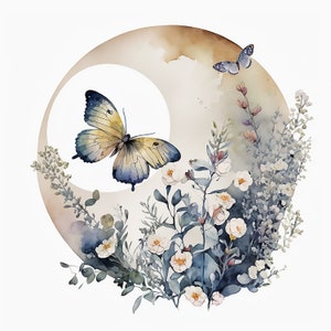 Watercolor Moon Butterfly, Moon Png, Moon Flowers Butterfly, Moon ...