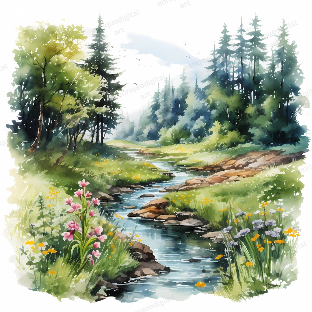 Watercolor Stream Clipart, Wildflowers Landscape, Nature Scene, Digital ...
