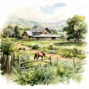 Watercolor Countryside Animals Clipart, Landscape Scenes, PNG, Digital ...
