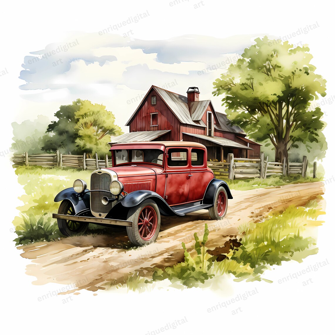 Watercolor Rustic Car Clipart, Countryside Landscape, Nature Scene ...