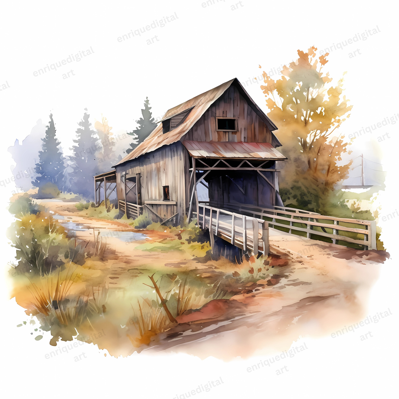 Watercolor Covered Bridge Clipart Bridge Landscape Printable - Etsy