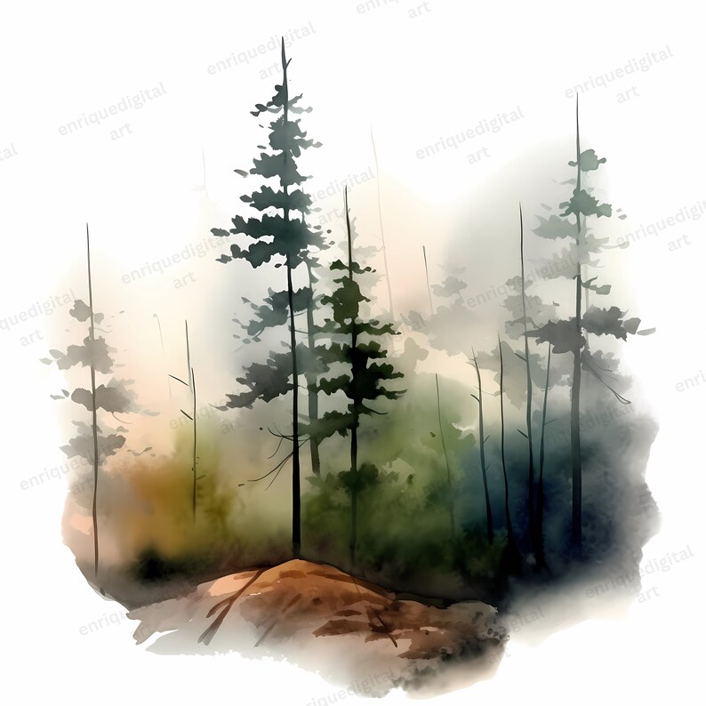 Watercolor Misty Forest Clipart Landscape Art Printable Wall - Etsy