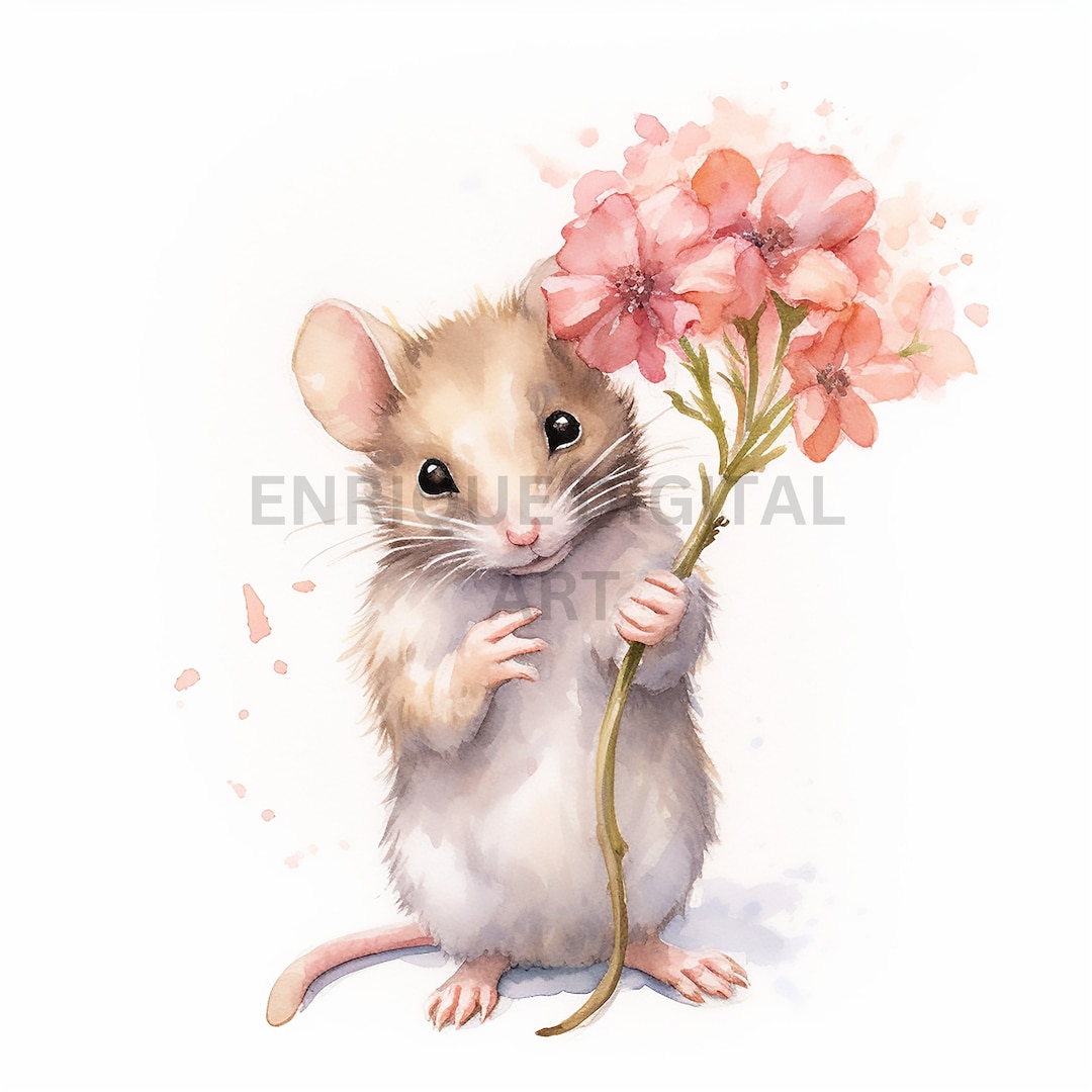 Cute Mouse With Pink Flowers, Mouse Clipart, Mouse Illustation, Mouse ...