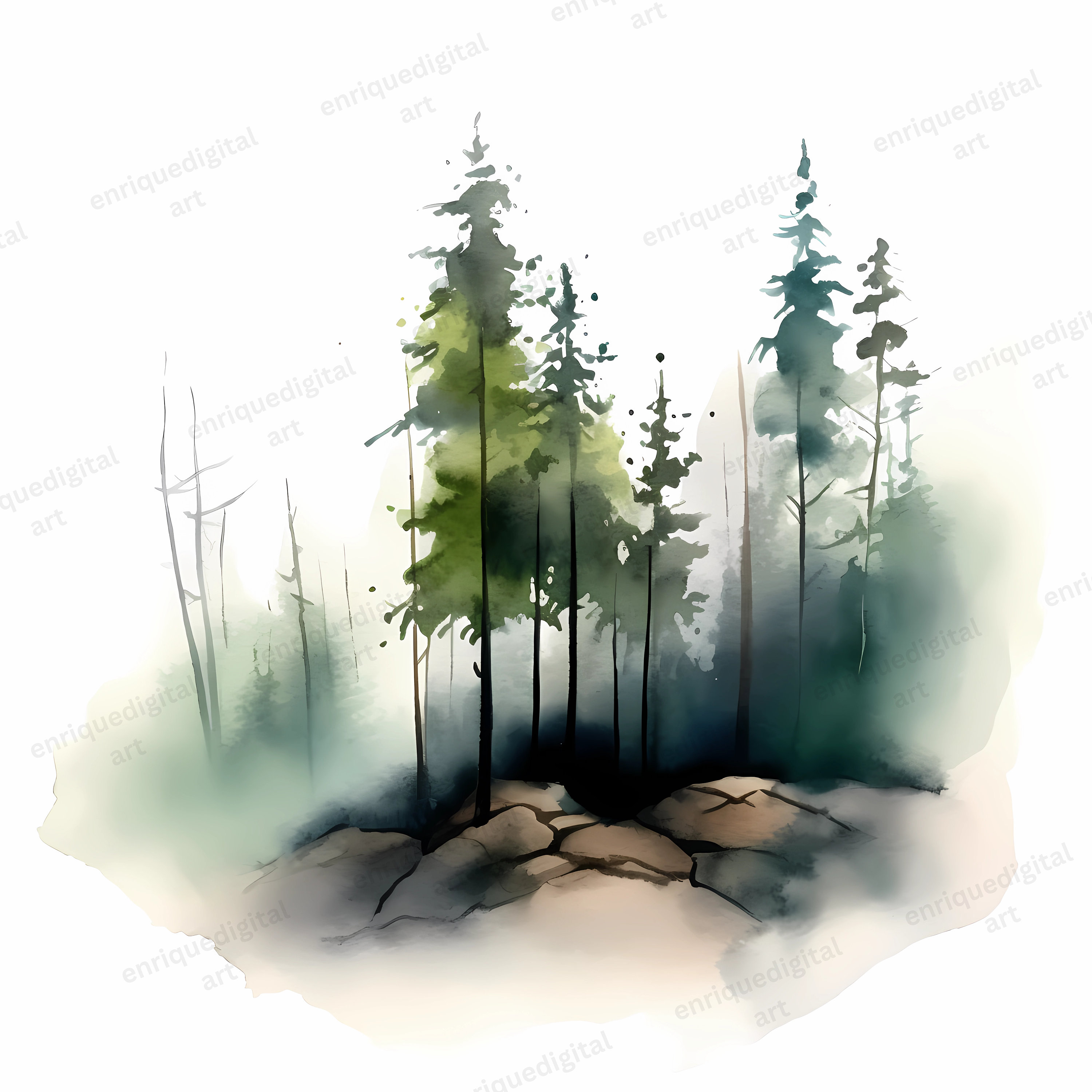Watercolor Misty Forest Clipart Landscape Art Printable Wall - Etsy