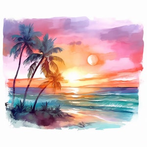 Watercolor Beach Sunsets Clipart, Sunset Bundle, Tropical Sunset, Ocean ...
