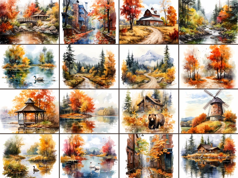 Watercolor Autumn Landscape Clipart Autumn Nature Scene - Etsy