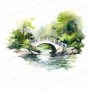 Watercolor Forest Bridge Clipart, Landscape Art, Printable Wall Art ...
