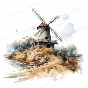 Watercolor Windmill Clipart, Landscape, Nature Scene, Digital Download ...