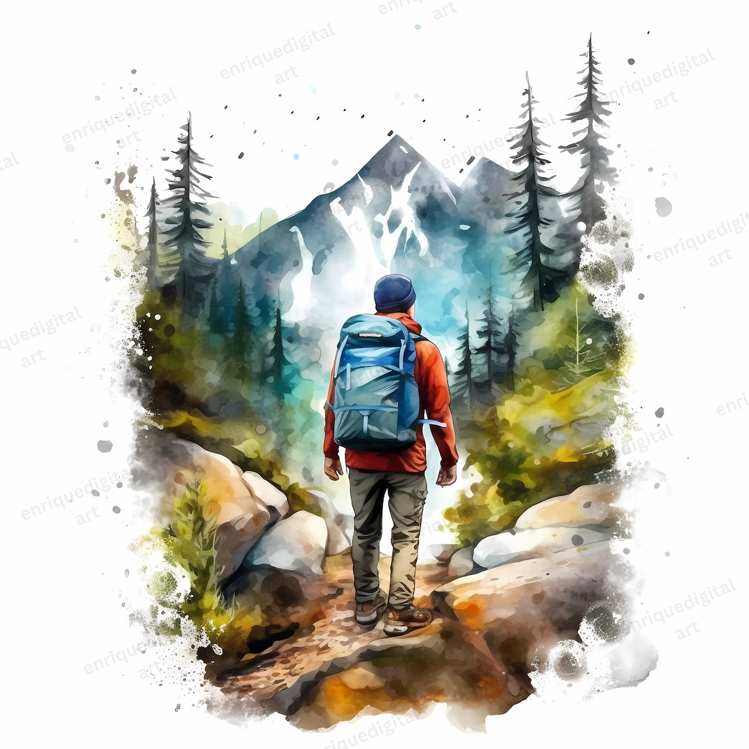 Watercolor Forest Mountain Hiking Clipart, Landscape Hiking Printable ...