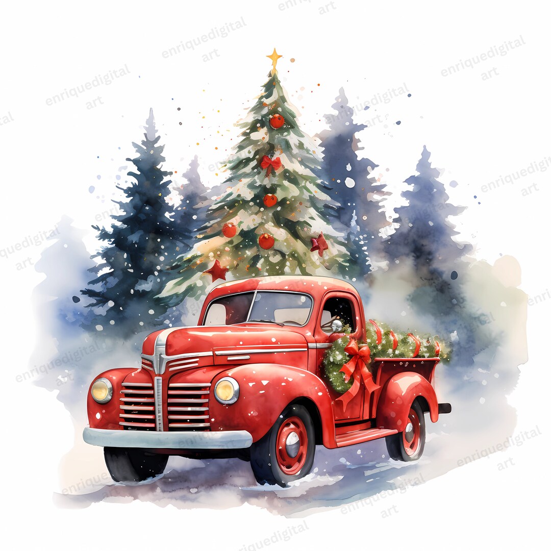 Watercolor Red Truck Clipart, Christmas Card, Card Making, Digital ...