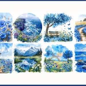 Watercolor Blue Landscapes Clipart, Summer Nature Scene, Digital ...