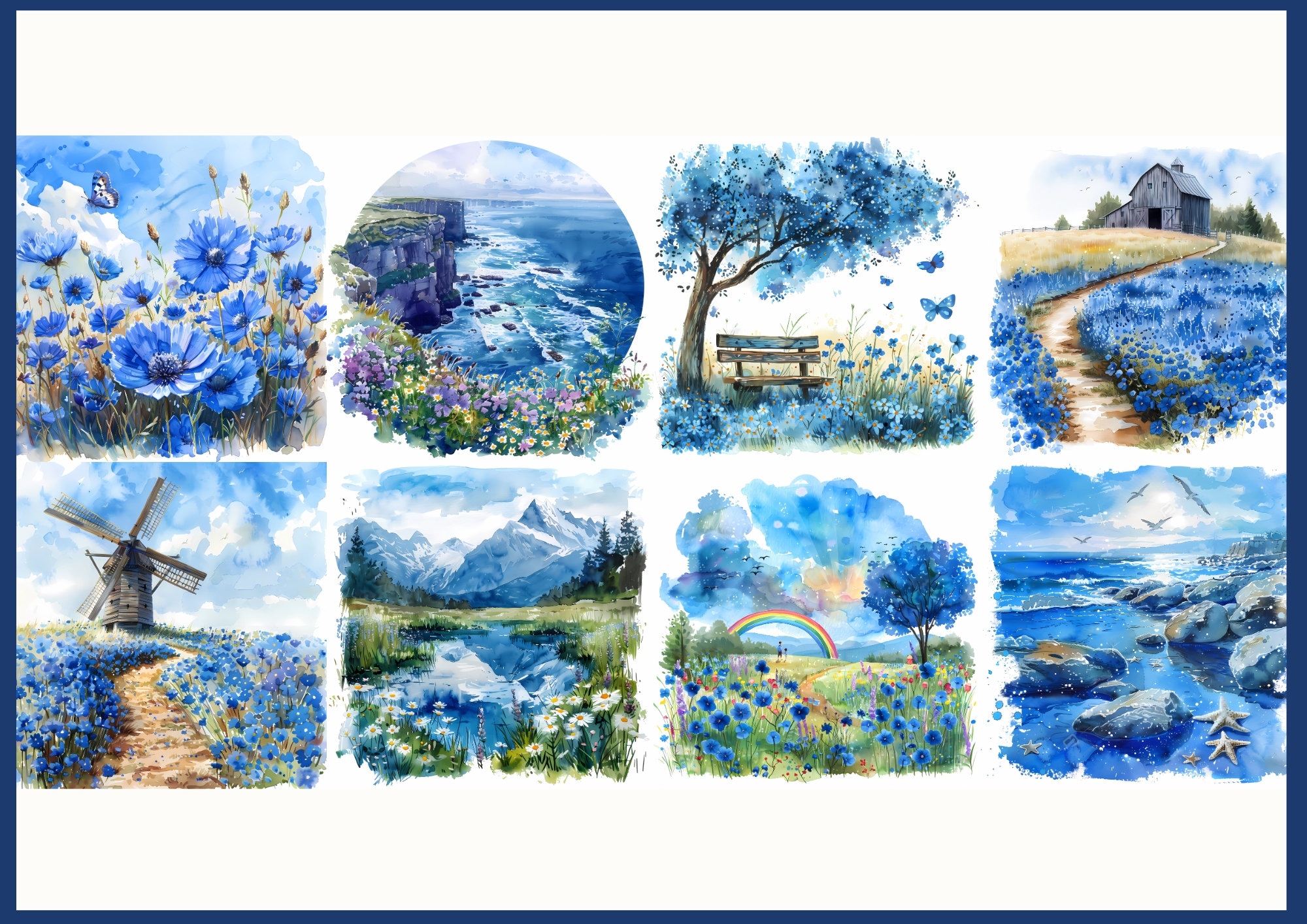 Watercolor Blue Landscapes Clipart, Summer Nature Scene, Digital ...