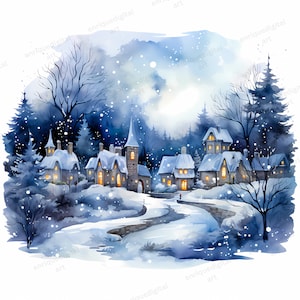 Watercolor Winter Village Clipart, Printable Snowy Village, Winter ...