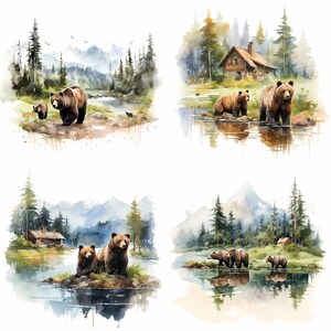 Watercolor Bear Clipart, Bear Digital Images, Nature Scene, Digital ...