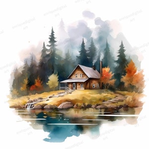 Watercolor Forest Cabin Clipart, Cabin in Woods, Houses Clipart, Forest ...
