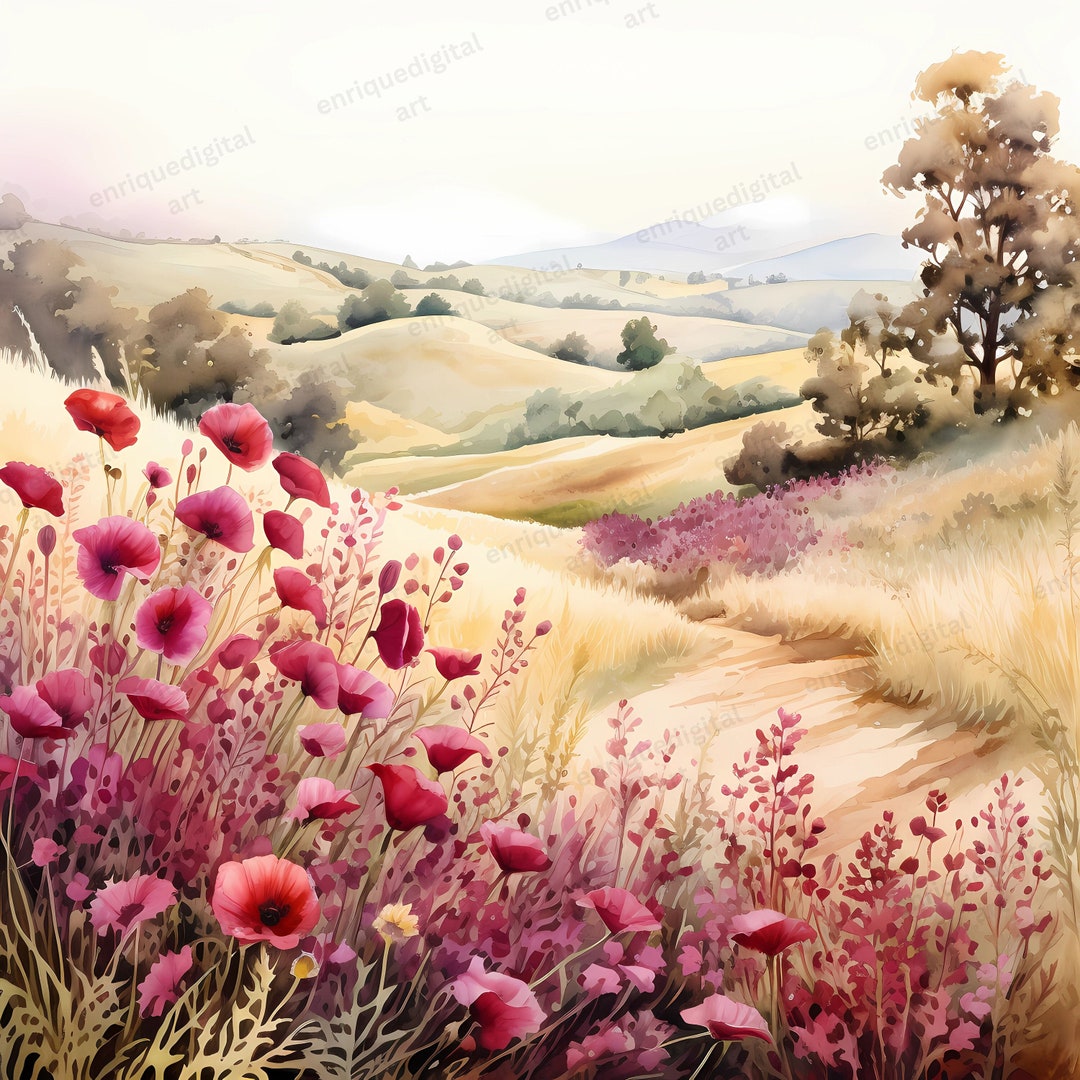 Watercolor Rolling Hills Clipart, Rolling Hills Landscape, PNG, Card ...