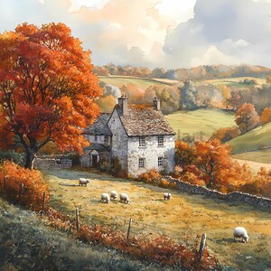 Watercolor English Countryside in Autumn, Autumn Landscape, Vivid ...