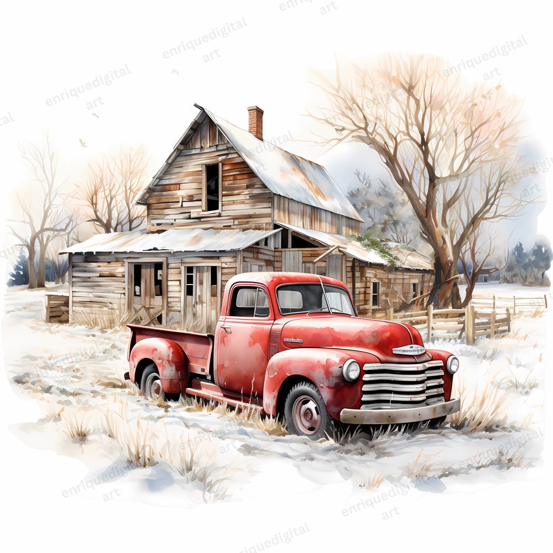 Red Truck Clipart, Watercolor Painting, Digital Download, Countryside ...