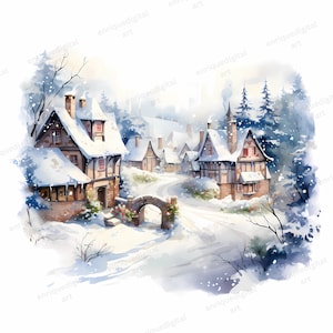 Watercolor Village Clipart, Winter Landscape, Countryside Scenery ...