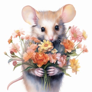 Cute Mouse With Pink Flowers, Mouse Clipart, Mouse Illustation, Mouse ...